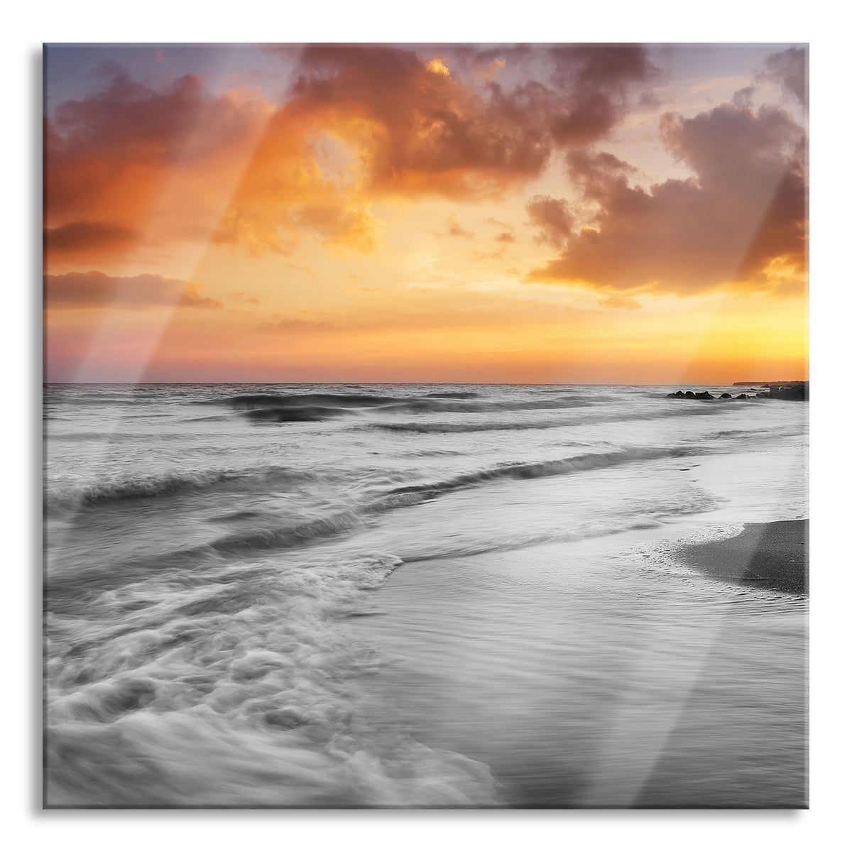 Strand mit Sonnenuntergang, Glasbild Quadratisch— Pixxprint.de