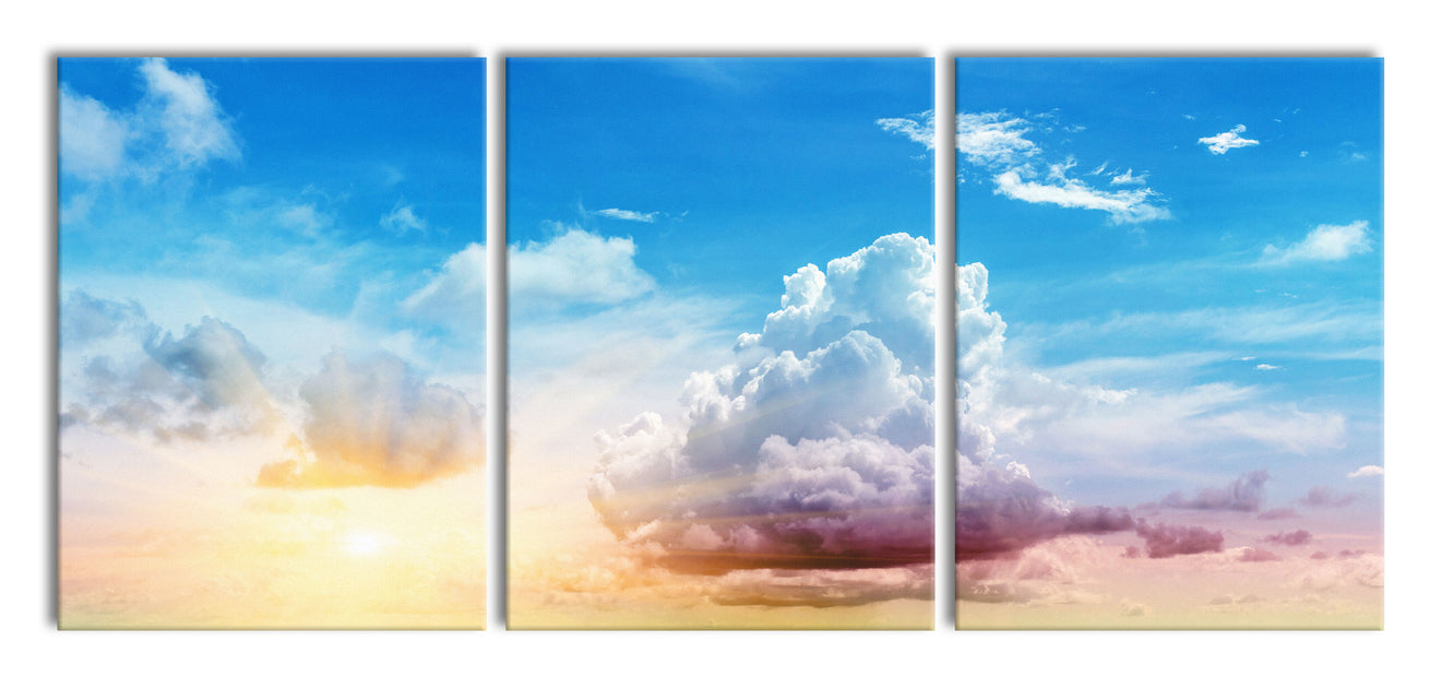 Wolkiger Himmel bedeckt Sonne, XXL Leinwandbild als 3 Teiler— Pixxprint.de